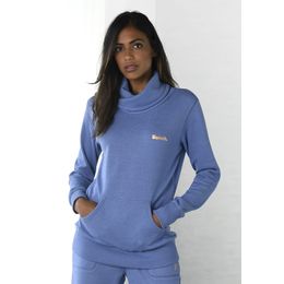 Longsweatshirt BENCH. LOUNGEWEAR, Damen, Gr. 32/34, blau (jeans, meliert), Sweatware, Obermaterial: 60% Baumwolle, 40% Polyester, meliert, unifarben, Basic, Basic h&uuml;ftbedeckend, ohne Ausschnitt, breiter Bund, Sweatshirts Longsweatshirt, mit Stehkragen in Layeroptik und K&auml;ngurutasche, Loungewear