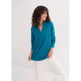 Langarmbluse bonprix "3/4-Arm Bluse mit Leinen", Damen, Gr. 48, blau (meerest&uuml;rkis), Web, Obermaterial: 55% Leinen, 45% Viskose, unifarben, figurumspielend normal, Aufschlag, Blusen Langarmbluse, figurumspielende Passform, f&uuml;r vielseitige Alltagslooks