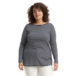 Langarmshirt Tom Tailor PLUS, Damen, Gr. 46, wei&szlig; (navy sanftes wei&szlig; tee stripe), Single Jersey, Obermaterial: 97% Baumwolle, 3% Elasthan, gestreift, normal h&uuml;ftbedeckend, U-Boot-Ausschnitt, Shirts Langarmshirt, im Streifen-Design