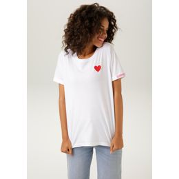 T-Shirt Aniston CASUAL, Damen, Gr. 36/38, bunt (wei&szlig;, rot, pink), Single Jersey, Obermaterial: 100% Baumwolle, bedruckt, bestickt, l&auml;ssig geschnitten h&uuml;ftbedeckend, Rundhals, Umschlagbund, Shirts T-Shirt, mit Herz-Applikation und bedrucktem R&uuml;cken, Topseller