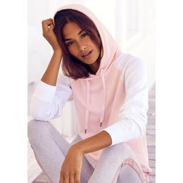 Kapuzensweatshirt BENCH. LOUNGEWEAR, Damen, Gr. 40/42, rosa (wei&szlig;, rosa), Sweatware, Obermaterial: 60% Baumwolle, 40% Polyester, mehrfarbig, unifarben mit Farbeinsatz, Basic, Basic taillenbedeckt, ohne Ausschnitt, B&uuml;ndchen, Sweatshirts Kapuzensweatshirt, mit farblich abgesetzten &Auml;rmeln und Logodruck, Loungeanzug, Hoodie