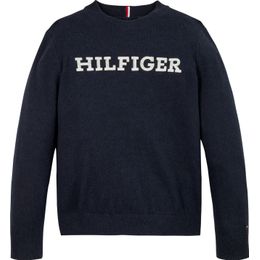 Strickpullover Tommy Hilfiger "MONOTYPE REGULAR SWEATER", Jungen, Gr. 80, blau (desert sky), Strick, Obermaterial: 56% Baumwolle, 25% Polyester, 16% Polyamid, 3% Elasthan, unifarben, Basic, regular fit, Rundhals, Rippstrickb&uuml;ndchen, Pullover Strickpullover, Baby bis 2 Jahre; mit aufgesticktem Logo