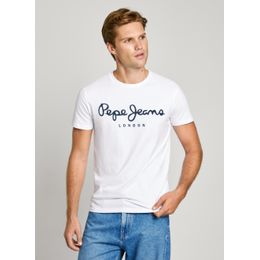 T-Shirt Pepe Jeans, Herren, Gr. S, wei&szlig; (800wei&szlig;), Single Jersey, Obermaterial: 95% Baumwolle, 5% Elasthan, bedruckt, normal, Rundhals, Shirts T-Shirt, mit Markenprint vorne