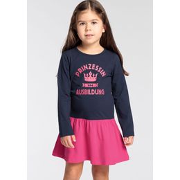 Jerseykleid Kidsworld "PRINZESSIN IN AUSBILDUNG", M&auml;dchen, Gr. 128/134, N-Gr, blau (marine, pink), Single Jersey, Obermaterial: 95% Baumwolle, 5% Elasthan, bedruckt, mehrfarbig, ausgestellt kniefrei, Rundhals, abgesteppte Kante, Kleider Jerseykleid, festliche Anl&auml;sse, kniefreies Kleid, eleganter Stil