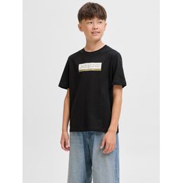 Jack & Jones T-Shirt JACK & JONES JUNIOR "JORINWOOD BLOCK BRAND TEE SS CN NOOS JNR", Jungen, Gr. 128, schwarz, Single Jersey, Obermaterial: 100% Baumwolle, bedruckt, relaxed fit, Rundhals, Shirts T-Shirt