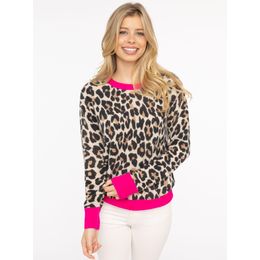 Strickpullover Zwillingsherz "Leo + colored edges", Damen, Gr. L, beige (hellbeige, neonpink), Strick, Obermaterial: 100% Kaschmir, Pullover Strickpullover, Rundhals,aus reinem Kaschmir mit Leomuster und farbigem B&uuml;ndchen