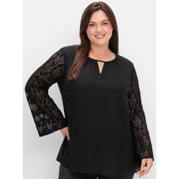 Longbluse sheego, Damen, Gr. 52, schwarz, 100% Polyester, &Auml;rmel:70% Baumwolle, 30% Polyamid, unifarben, Rundhals, Blusen Longbluse