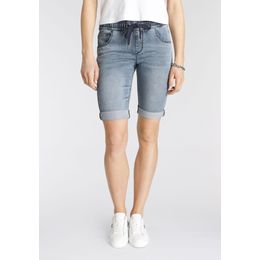 Jogg-Jeansbermudas Arizona, Damen, Gr. 50, N-Gr, blau (bleached), Obermaterial: 59% Baumwolle, 40% Polyester, 1% Elasthan, leichte Abriebeffekte, Basic, comfort fit kurz, Jeans Jogg-Jeansbermudas, hohe Leibh&ouml;he, krempelbare Beinabschl&uuml;sse, Used-Look