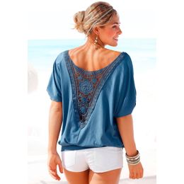 Strandshirt Lascana, Damen, Gr. 44/46, blau (rauchblau), Jersey, Obermaterial: 95% Viskose, 5% Elasthan. Spitze: 100% Baumwolle, unifarben, figurumspielend h&uuml;ftbedeckend, Rundhals, mit Riegel, Shirts Strandshirt, mit H&auml;keleinsatz am R&uuml;cken, T-Shirt, weite Passform, luftig und locker, Topseller