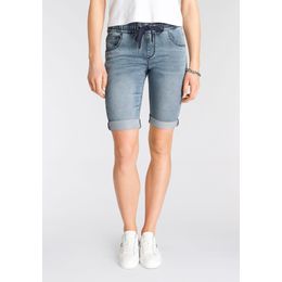 Jogg-Jeansbermudas Arizona, Damen, Gr. 42, N-Gr, blau (bleached), Obermaterial: 59% Baumwolle, 40% Polyester, 1% Elasthan, leichte Abriebeffekte, Basic, comfort fit kurz, Jeans Jogg-Jeansbermudas, hohe Leibh&ouml;he, krempelbare Beinabschl&uuml;sse, Used-Look