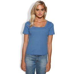 Kurzarmshirt Heine "Carr&eacute;-Shirt", Damen, Gr. 42, blau (azurblau), 100% Baumwolle, unifarben, eckiger Ausschnitt, Shirts Kurzarmshirt
