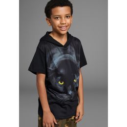 T-Shirt Kidsworld "Kapuzen-T-Shirt mit Fotoprint: PANTHER", Jungen, Gr. 152/158, schwarz, Jersey, Obermaterial: 100% Baumwolle. Obermaterial Vorderteil: 100% Polyester, bedruckt, Basic, Shirts T-Shirt, Kurzarm, modische Passform, mit stylischem Druck