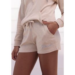Relaxshorts BENCH. LOUNGEWEAR, Damen, Gr. 48/50, N-Gr, beige (beige meliert), Interlock, Graumeliert (Obermaterial): 55% Baumwolle, 45% Polyester, bestickt, meliert, unifarben, Basic, Basic kurz, Hosen Relaxshorts, mit kleiner gl&auml;nzenden Logostickerei, Loungewear