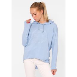 Hoodie Zwillingsherz "Moin", Damen, Gr. L/XL, blau (jeansblau), Sweatware, Obermaterial: 70% Baumwolle, 30% Polyacryl, unifarben, comfort fit h&uuml;ftlang, hoch geschlossener Ausschnitt, Sweatshirts Hoodie, Kapuze, Kordelzug, Langarm, maritimer Schriftzug