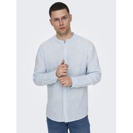 Only & Sons Langarmhemd ONLY & SONS "ONSCAIDEN LS MAO STRIPE LINEN SHIRT NOOS", Herren, Gr. S, N-Gr, blau (cashmere blau), Web, Obermaterial: 55% Baumwolle, 45% Leinen, gestreift, slim fit, Hemden Langarmhemd