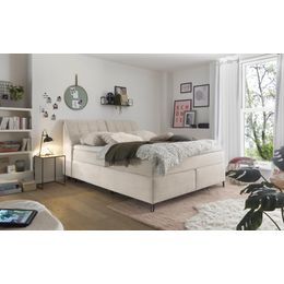 Boxspringbett "Fairfield", beige, B:186cm L:242cm, 92% Polyester, 8% Nylon, SET ONE BY Musterring, Komplettbetten, Boxspringbett, Kopfteil in Kassenoptik, Metallfu&szlig; schwarz, Breite 160 oder 180 cm
