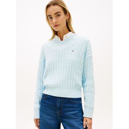 Strickpullover Tommy Hilfiger "CO CABLE MID GG RLX LS V-NK SWT", Damen, Gr. M (40), keepsake blau, Strick, Obermaterial: 100% Baumwolle, unifarben, relaxed fit normal, V-Ausschnitt, Pullover Strickpullover, mit Zopfmuster
