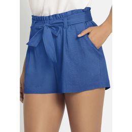 Shorts Lascana, Damen, Gr. 42, N-Gr, blau (nautical blau), Web, Obermaterial: 58% Viskose, 28% Baumwolle, 14% Leinen, unifarben, figurumspielend kurz, Hosen Shorts, im Paperbag-Stil, Leinenmix, Schlupfhose, Sommerhose