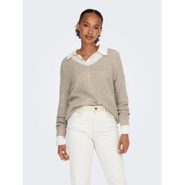 Jacqueline de Yong Strickpullover JDY "JDYNEW MEGAN L/S PULLOVER KNT NOOS", Damen, Gr. M, beige (cement detail:with schwarz ply), Strick, Obermaterial: 88% Polyacryl, 12% Polyester, unifarben, normal, V-Ausschnitt, Rippb&uuml;ndchen, Pullover Strickpullover