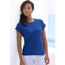 T-Shirt Vivance "mit modischer Struktur", Damen, Gr. 44/46, blau (royalblau, creme), Strick, Obermaterial: 65% Polyester (REPREVE), 35% Baumwolle, Strukturmuster, unifarben, Basic, bequem, Rundhals, mit Aufschlag Aufschlag, Shirts T-Shirt, aus b&uuml;gelfreier Qualit&auml;t mit Baumwolle, Topseller