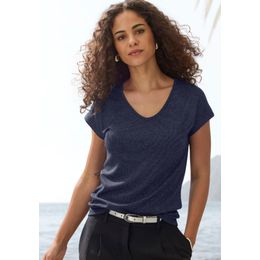 Kurzarmshirt Lascana "mit silberfarbenem Glitzereffekt", Damen, Gr. 44/46, blau (navy), Obermaterial: 65% Polyester (REPREVE), 16% metallisierte Faser (LUREX), 15% Viskose, 4% Elasthan, Glitzermuster, bequem, V-Ausschnitt, Shirts Kurzarmshirt, aus pflegeleichter Qualit&auml;t mit Viskose, Topseller