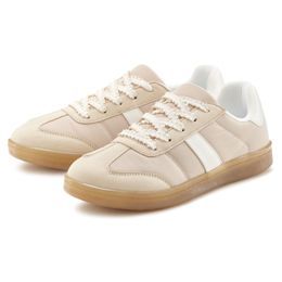 Sneaker Lascana "Schn&uuml;rschuh, Halbschuh, Freizeitschuh", Damen, Gr. 43, beige (beige, wei&szlig;), Obermaterial: 50% Lederimitat, 50% Textilmaterial. Decksohle: 100% Textilmaterial. Futter: 100% Textilmaterial. Laufsohle: 100% Synthetik, unifarben, Basic, Schuhe Sneaker, mit angesagter Sohle VEGAN, Topseller