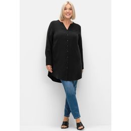 Longbluse sheego, Damen, Gr. 52, schwarz, 86% Modal, 14% Polyester, unifarben, V-Ausschnitt, Blusen Longbluse