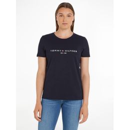 Rundhalsshirt Tommy Hilfiger "HERITAGE HILFIGER C-NK REG TEE", Damen, Gr. XXXL(46), blau (desert sky (dunkelblau)), Single Jersey, Obermaterial: 100% Baumwolle, bestickt, unifarben, figurbetont normal, Rundhals, eingesetzt abgesteppt, Shirts Rundhalsshirt, mit gesticktem Tommy Hilfiger Linear Logo-Schriftzug