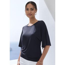 Rundhalsshirt Lascana "mit variabler &Auml;rmell&auml;nge", Damen, Gr. 40/42, blau (navy), Single Jersey, Obermaterial: 95% Viskose (LENZING&trade; ECOVERO&trade;), 5% Elasthan, unifarben, bequem, Rundhals, verstellbar, Shirts Rundhalsshirt, aus weichem Viskose-Stretch, Topseller