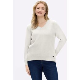 V-Ausschnitt-Pullover Casual Looks "Pullover", Damen, Gr. 50, wei&szlig; (wollwei&szlig;), 50% Baumwolle, 50% Polyacryl, meliert, unifarben, figurumspielend, Pullover V-Ausschnitt-Pullover