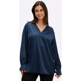 Longbluse sheego, Damen, Gr. 46, blau (dunkelblau), 97% Polyester, 3% Elasthan, unifarben, V-Ausschnitt, Blusen Longbluse