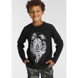Langarmshirt Kidsworld "WHITE LION", Jungen, Gr. 152/158, schwarz, Jersey, Obermaterial: 100% Baumwolle, bedruckt, Basic, Rundhals, Shirts Langarmshirt, Langarm, Basic-Passform, mit modischem Druck, Rundhalsausschnitt
