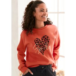 Sweatshirt Lascana, Damen, Gr. 48/50, rot (rotbraun), Obermaterial: 60% Baumwolle, 40% Polyester, bedruckt, unifarben, klassisch h&uuml;ftlang, Rundhals, Rippb&uuml;ndchen, Sweatshirts Sweatshirt, mit Herz-Leo-Druck, Loungewear, Topseller