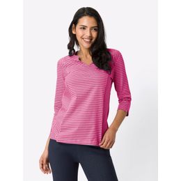 3/4-Arm-Shirt "Freizeitshirt", Damen, Gr. 56, pink (fuchsia, wei&szlig;, gestreift), 100% Baumwolle, gemustert, gestreift, V-Ausschnitt, Shirts 3/4-Arm-Shirt