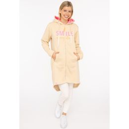 Jerseymantel Zwillingsherz "Smile everyday", Damen, Gr. L/XL, beige (hellbeige), angeraute Sweatware, Obermaterial: 50% Baumwolle, 50% Polyester, M&auml;ntel Jerseymantel, mit gro&szlig;er SMILE Stickerei und positiver Botschaft
