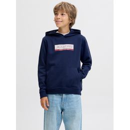 Jack & Jones Kapuzensweatshirt JACK & JONES JUNIOR "JORINWOOD BLOCK BRANDING SWEAT NOOS JNR", Jungen, Gr. 140, ocean cavern, angeraute Sweatware, Obermaterial: 70% Baumwolle, 30% Polyester, bedruckt, relaxed fit, Rippb&uuml;ndchen, Sweatshirts Kapuzensweatshirt