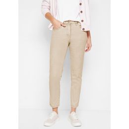 Webhose bonprix "Verk&uuml;rzte Twill-Hose im Used-Look", Damen, Gr. 38, N-Gr, beige (hellsand), Twill, Obermaterial: 97% Baumwolle, 3% Elasthan, unifarben, slim fit kn&ouml;chelfrei, Hosen Webhose, aus Baumwolle und Elasthan, schmale Silhouette, slim fit, Used-Look