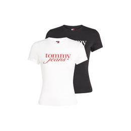 T-Shirt Tommy Jeans "TJW 2PACK ESSENTIAL LOGO TEE", Damen, Gr. XS (34), beige (ecru, schwarz), Single Jersey, Obermaterial: 70% Baumwolle, 30% Viskose, bedruckt, slim fit kurz, Rundhals, abgesteppt, Shirts T-Shirt, mit Logodruck