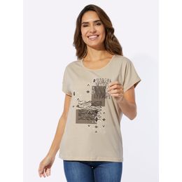 Rundhalsshirt Classic Basics "Rundhals-Shirt", Damen, Gr. 38, beige (sand, schwarz, bedruckt), 100% Baumwolle, ethno, gemustert, mehrfarbig, Rundhals, Shirts Rundhalsshirt