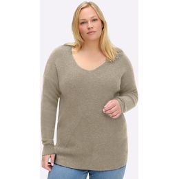 V-Ausschnitt-Pullover sheego "Pullover", Damen, Gr. 44/46, beige, meliert, 55% Polyacryl, 36% Polyester, 5% Wolle, 4% Elasthan, unifarben, Pullover V-Ausschnitt-Pullover
