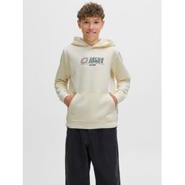 Jack & Jones Kapuzensweatshirt JACK & JONES JUNIOR "JCOTIER FRONT PRINT SWEAT HOOD JNR", Jungen, Gr. 140, sweet corn, angeraute Sweatware, Obermaterial: 70% Baumwolle, 30% Polyester, bedruckt, relaxed fit, Rippb&uuml;ndchen, Sweatshirts Kapuzensweatshirt