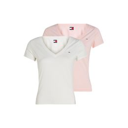 T-Shirt Tommy Jeans "TJW 2PACK V-NECK TEE", Damen, Gr. S (36), rosa (ecru, precious pink), Jersey, Obermaterial: 100% Baumwolle, unifarben, regular fit h&uuml;ftlang, V-Ausschnitt, abgesteppt, Shirts T-Shirt, mit Logostickerei