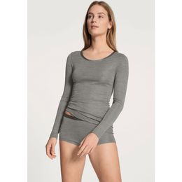 Langarmshirt Calida "True Confidence", Damen, Gr. M (44/46), grau (platin mel&eacute;), Rippware, Obermaterial: 70% Wolle, 30% Seide, unifarben, Basic h&uuml;ftbedeckend, Rundhals, Shirts Langarmshirt, Rundhals, Feinripp, atmungsaktiv, Wellensaum