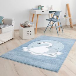 Kinderteppich Carpet City "Bueno Kids 1315" Gr. 31, blau, B:140cm H:13mm L:200cm, Kunstfaser, Teppiche, Kinderteppich, Spielteppich, Schwan, 3D-Effekt, Weicher Flor, Pflegeleicht