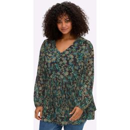 Longbluse sheego by Joe Browns, Damen, Gr. 50, schwarz, bedruckt, 100% Polyester, bedruckt, gebl&uuml;mt, gemustert, mehrfarbig, V-Ausschnitt, Blusen Longbluse