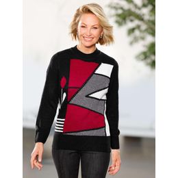 Rundhalspullover Classic Basics "Rundhals-Pullover", Damen, Gr. 54, bunt (schwarz, rot, gemustert), 98% Polyacryl, 2% Polyester, gemustert, mehrfarbig, Pullover Rundhalspullover
