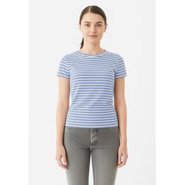 Jacqueline de Yong Rundhalsshirt JDY "JDYSOLAR S/S O NECK TOP JRS NOOS", Damen, Gr. L, blau (kentucky blau stripes:cloud dancer), Single Jersey, Obermaterial: 95% Baumwolle, 5% Elasthan, gestreift, regular fit normal, Rundhals, Shirts Rundhalsshirt