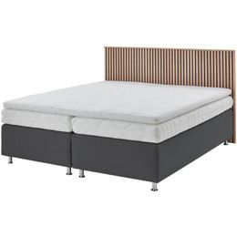 Boxspringbett "Quercus", grau (charcoal), L:206cm, Kopfteil MDF/Dekor Eiche hell, Boxenbezug: Feinstruktur 100% Polyester, Box: Holzwerkstoff mit Bonnellfederung, F&uuml;&szlig;e: verchromtes Metall, Topper: Kaltschaum, Westfalia Schlafkomfort, Komplettbetten, Boxspringbett, wahlweise mit LED-Beluchtung, 3 Matratzenarten zur Auswahl