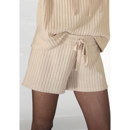 Shorts Lascana, Damen, Gr. 40/42, N-Gr, beige (sand, meliert), Rippware, Obermaterial: 56% Polyester, 41% Viskose, 3% Elasthan, meliert, unifarben, Basic, Basic kurz, Hosen Shorts, Lounge-/ Strickshorts meliert mit Bindeband, Loungewear, Topseller