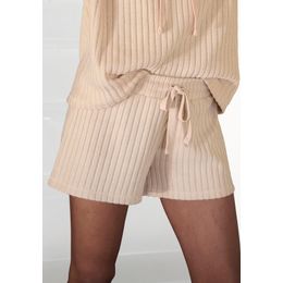Shorts Lascana, Damen, Gr. 32/34, N-Gr, beige (sand, meliert), Rippware, Obermaterial: 56% Polyester, 41% Viskose, 3% Elasthan, meliert, unifarben, Basic, Basic kurz, Hosen Shorts, Lounge-/ Strickshorts meliert mit Bindeband, Loungewear, Topseller